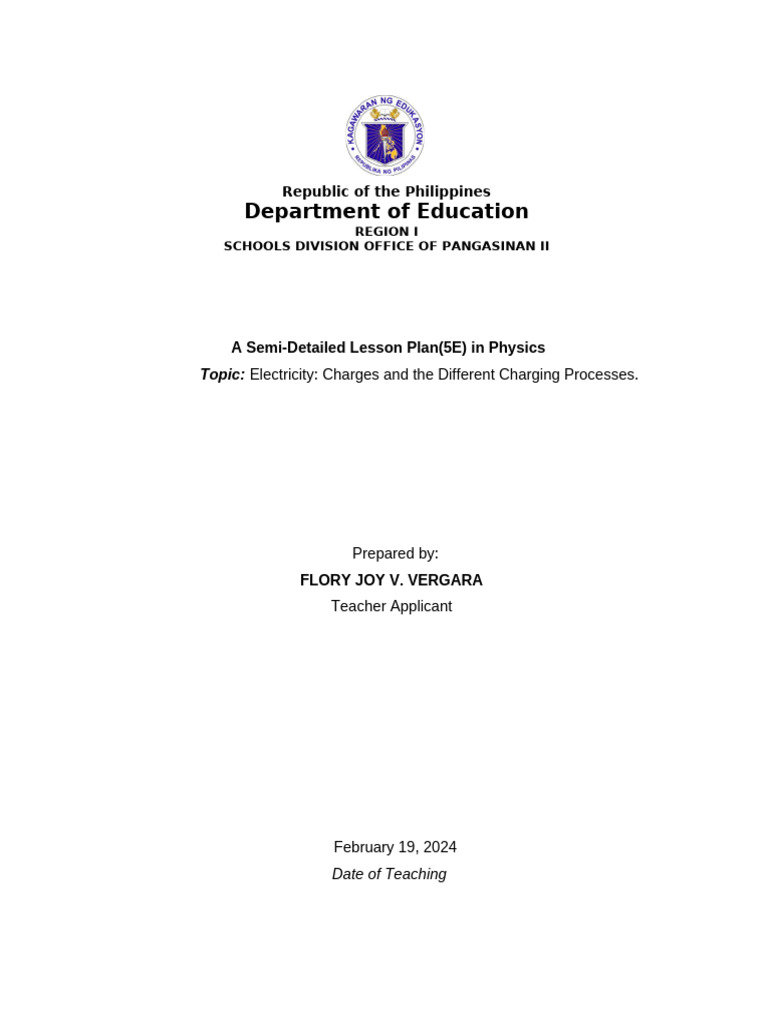 Lesson Plan on Electricity and Charging Processes | PDF | Electric ...