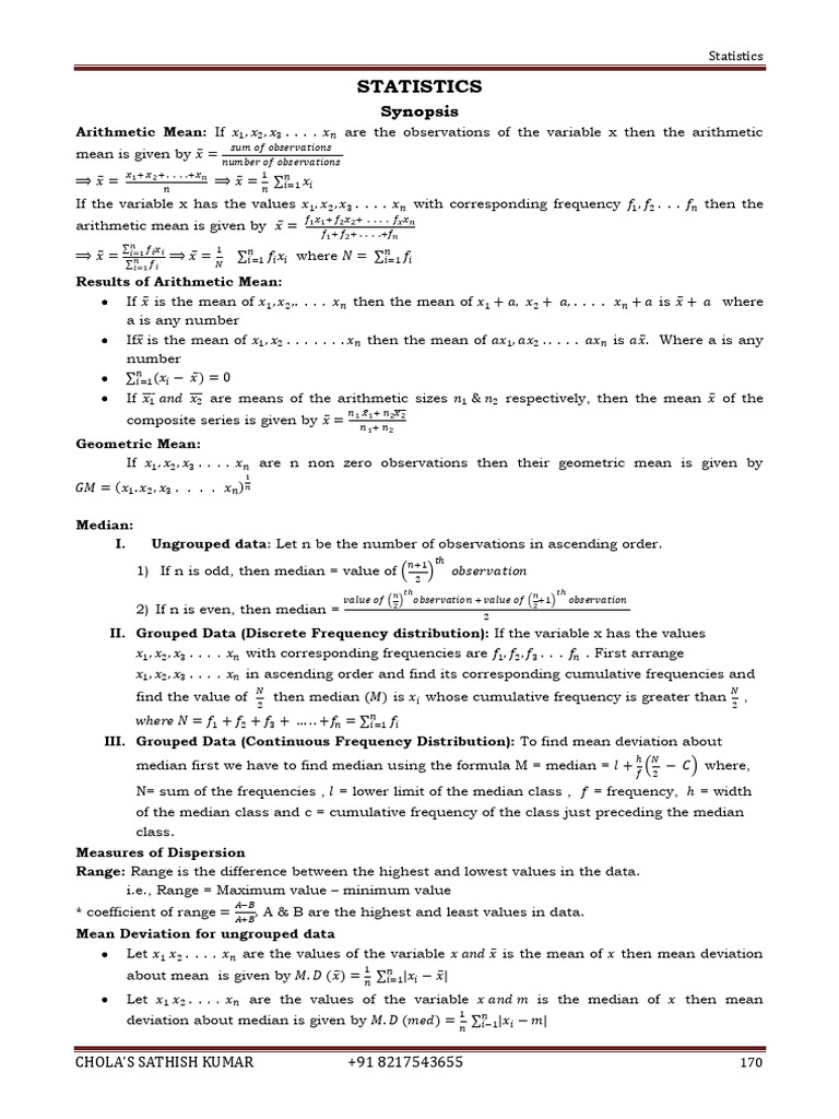 11. Statistics (1) | PDF | Median | Variance