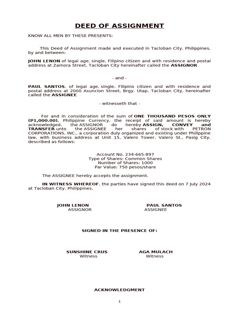 4. Deed of Assignment | PDF | Assignment (Law) | Property Law