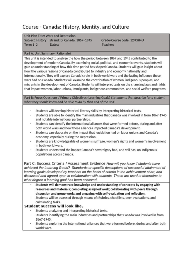 History Unit Plan-4 (1) | PDF | Educational Assessment | Canada