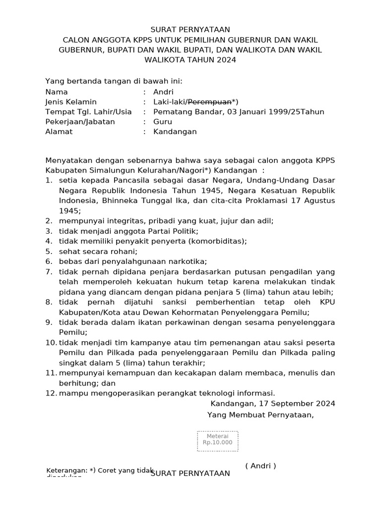 3.B. SURAT PERNYATAAN_KPPS PILKADA 2024 | PDF
