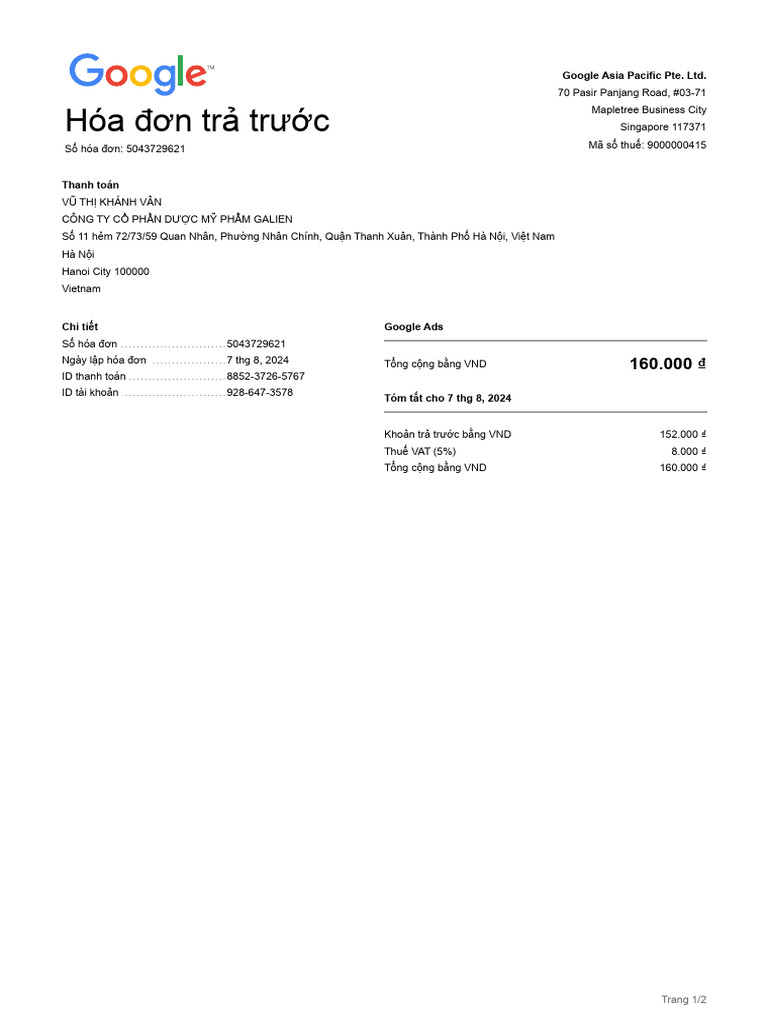 Hóa đơn trả trước: Google Asia Pacific Pte. Ltd | PDF