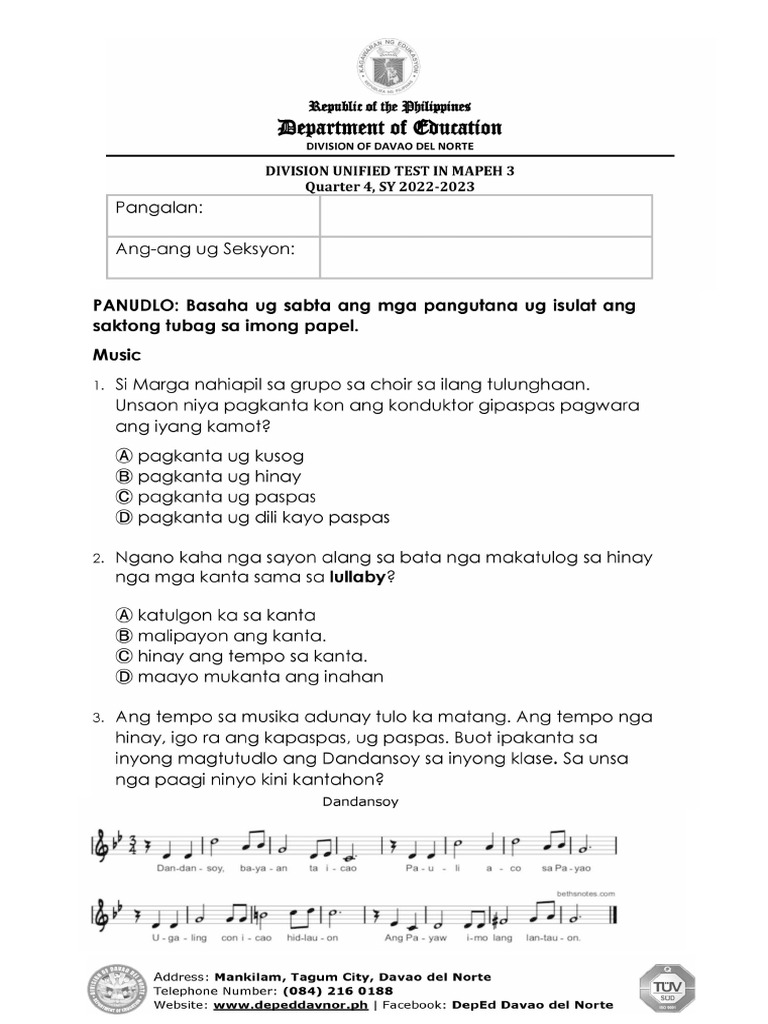 Mapeh 3 - TQ - Q4 | PDF