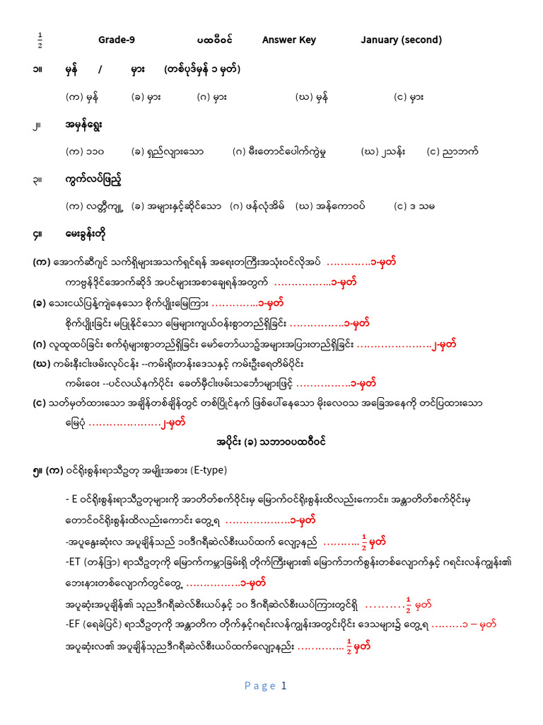 Grade-9 ပထဝီ Answer Key | PDF