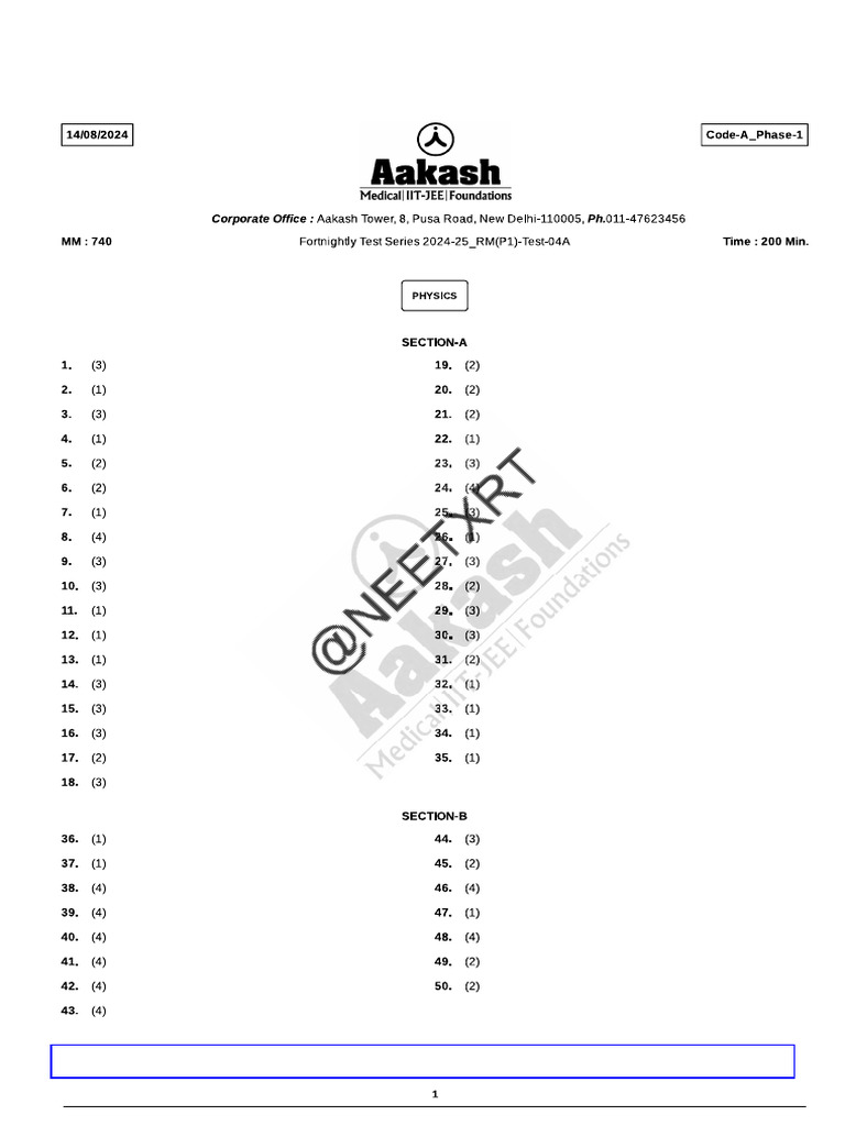 Ft 04 Code a Phase 01 Answer Key by @Neetxrt_240901_000456 | PDF