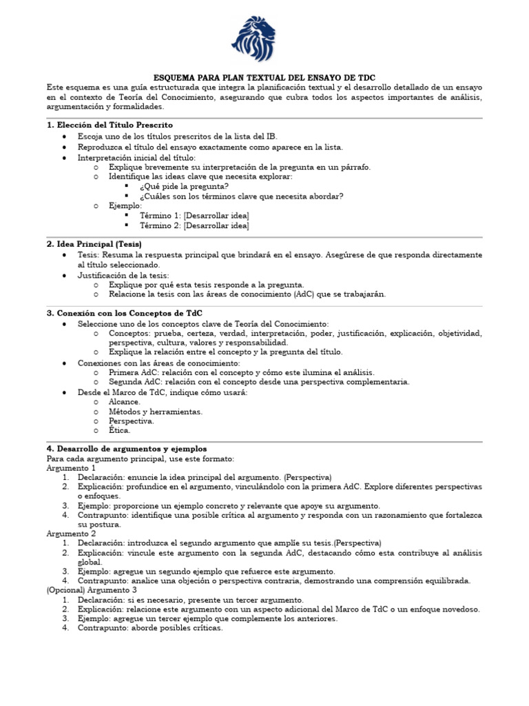ESQUEMA_PARA_PLAN_TEXTUAL_DEL_ENSAYO_DE_TDC (1) | PDF | Ensayos | Argumento