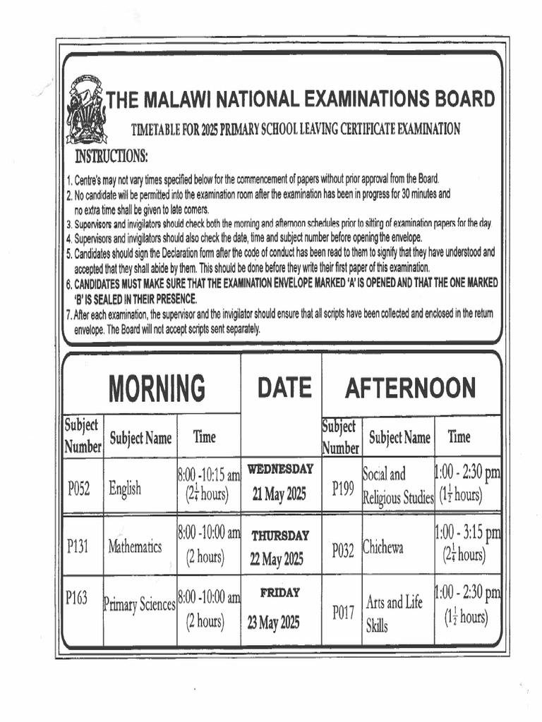 2025 Pslce Timetable - Maneb | PDF