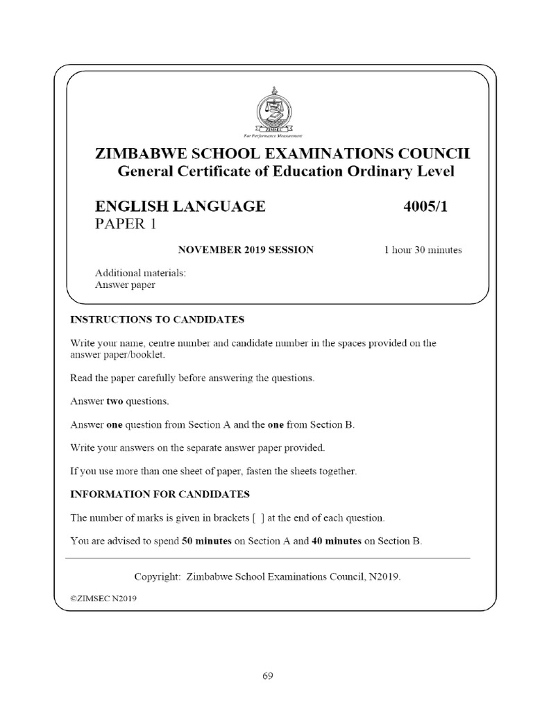 Zimsec O Level English November 2019 Past Exam Paper 1 | PDF
