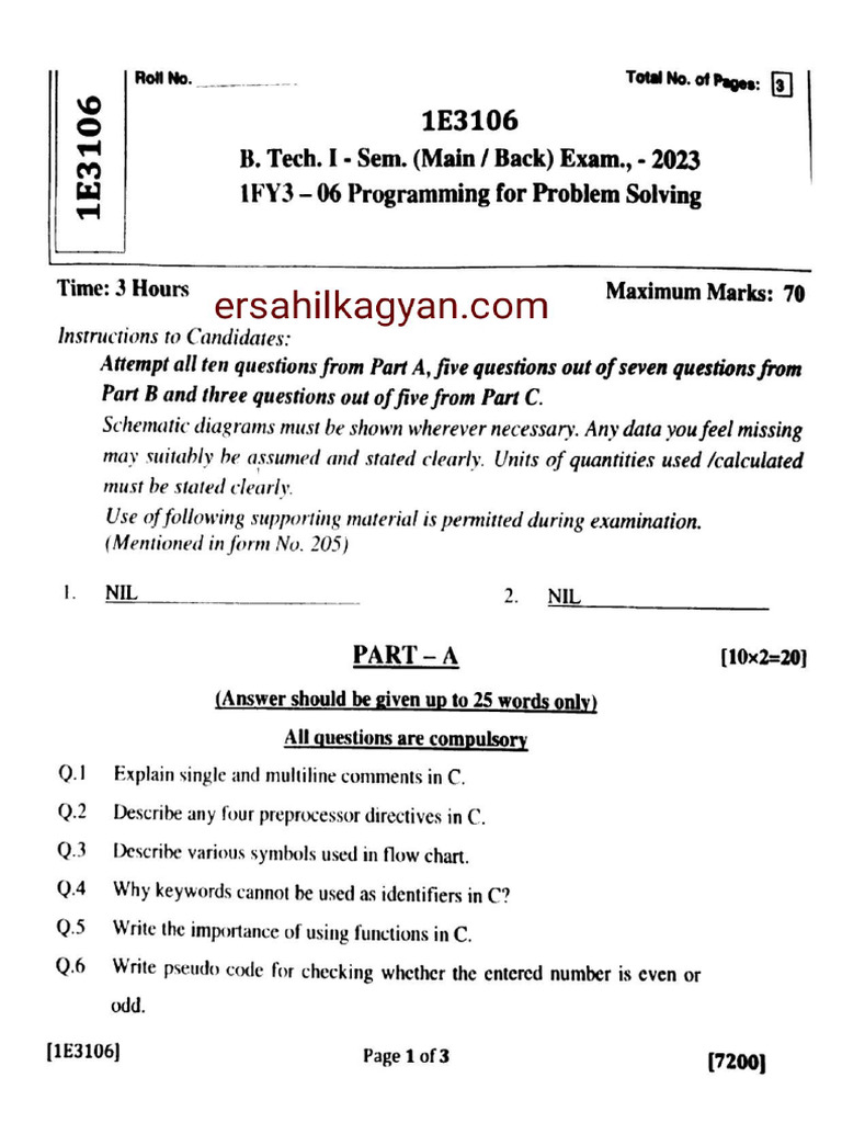 Btech 1 Sem Programming For Problem Solving 1e3106 2023 | PDF