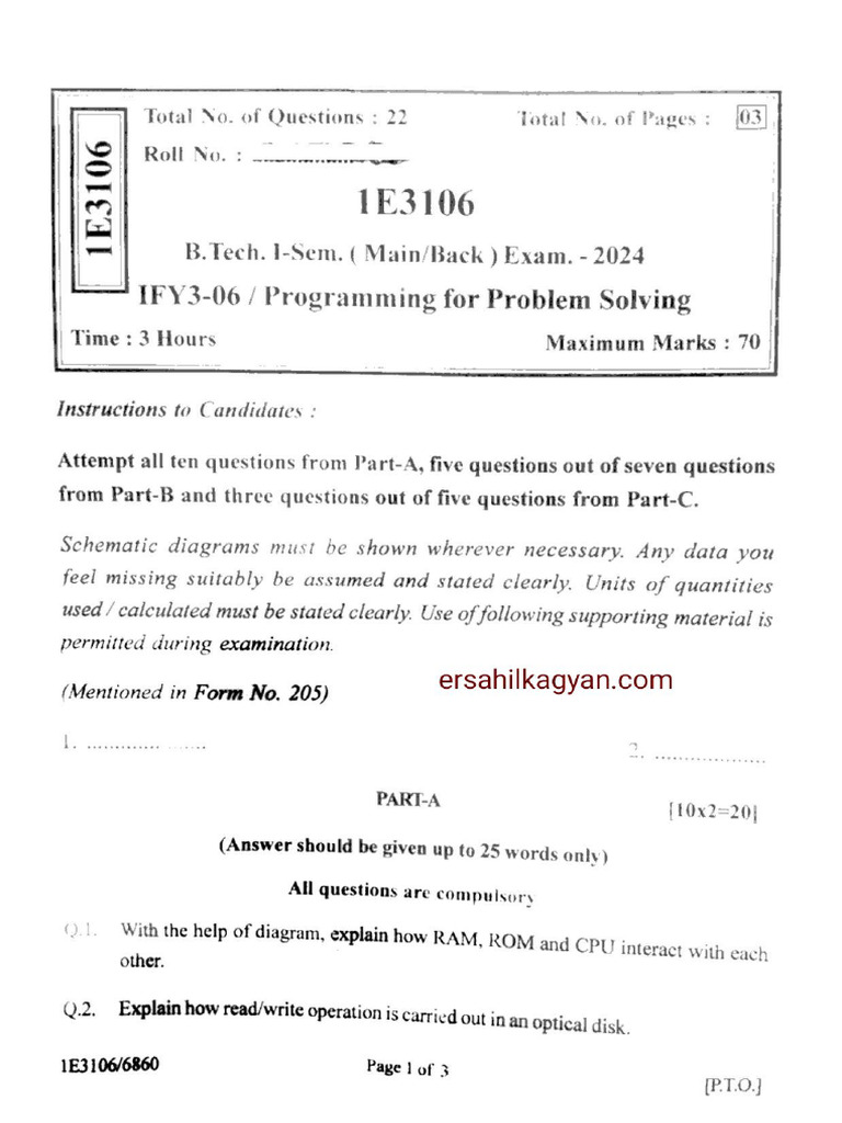 Btech 1 Sem Programming For Problem Solving 1e3106 2024 | PDF