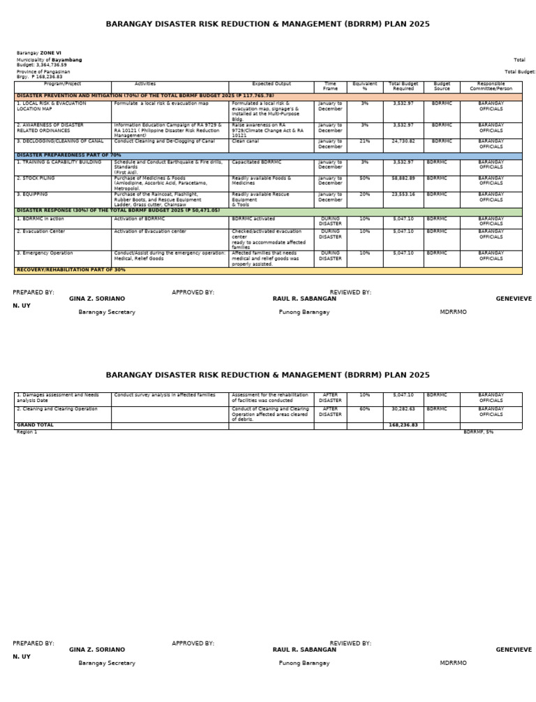 Barangay Disaster Risk Reduction & Management (BDRRM) Plan 2025 | PDF ...