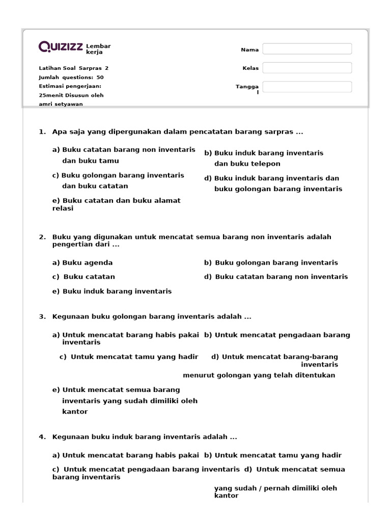 Latihan Soal Inventaris Sarpras 50 Pertanyaan | PDF
