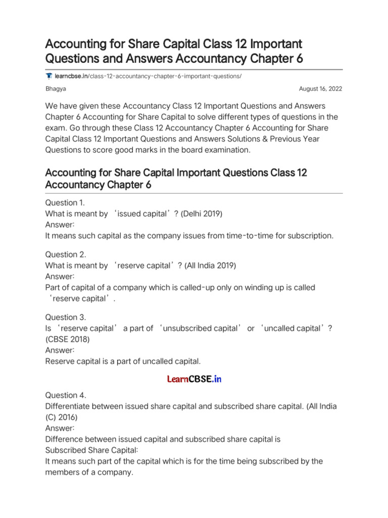 Class 12 Share Capital Q&A | PDF | Equity (Finance) | Stocks