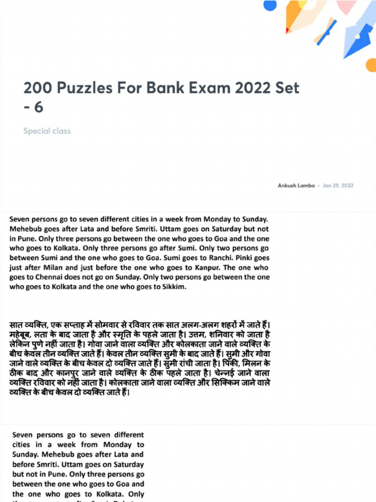 200 Puzzles For Bank Exam 2022 Set 6 No Anno | PDF