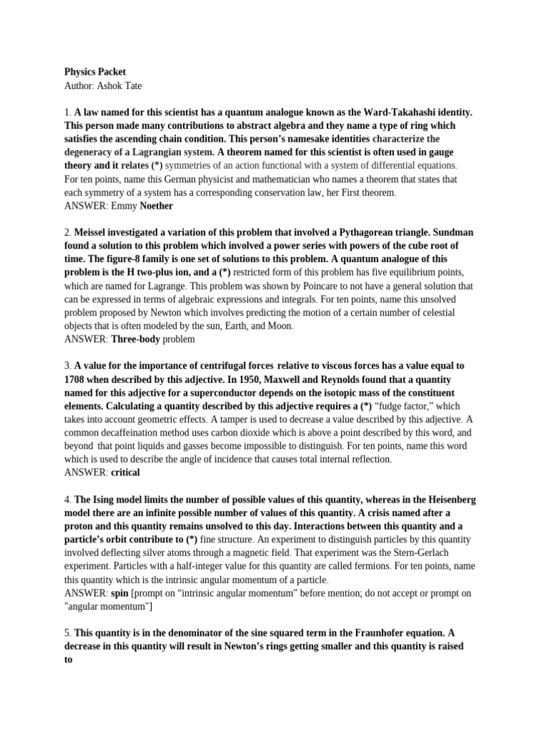 Advanced Physics Quiz Packet | PDF | Spin (Physics) | Theoretical Physics