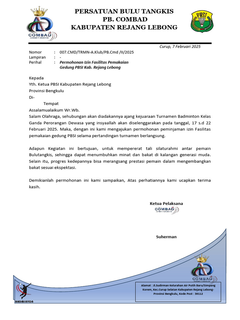 Contoh Surat Pinjaman Gedung PBSI | PDF