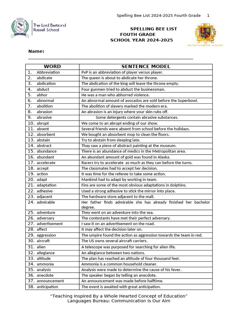 Fourth Grade Spelling Bee List 2024-2025 | PDF