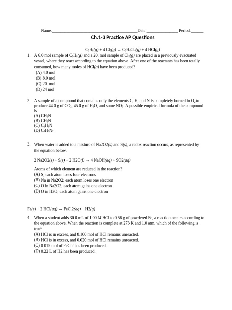 Ch. 1-3 Practice AP Questions | PDF | Mole (Unit) | Chemical Reactions