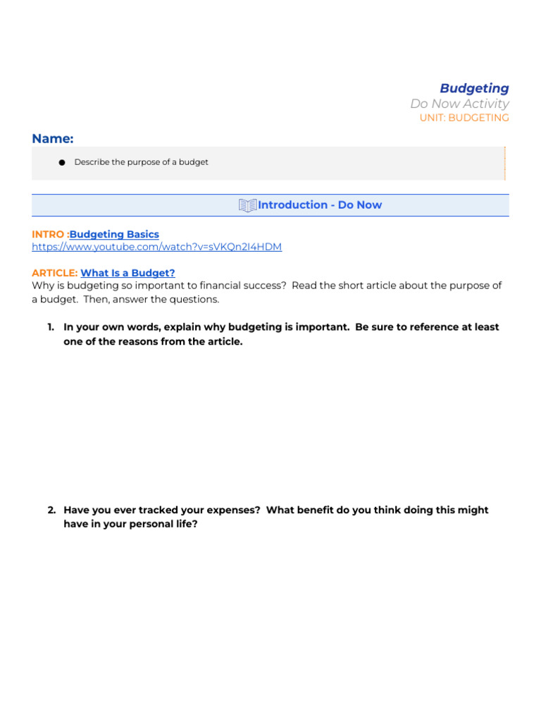 Budgeting Basic - Do Now Activity - 1 | PDF
