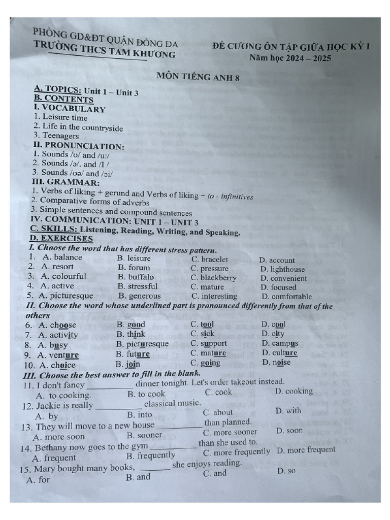 Đề Cương Giữa Kì 1 Anh 8 | PDF