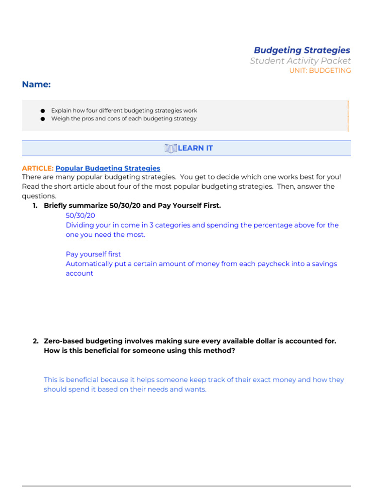 Budgeting Strategies - Student Activity Packet 2 | PDF | Budget | Money