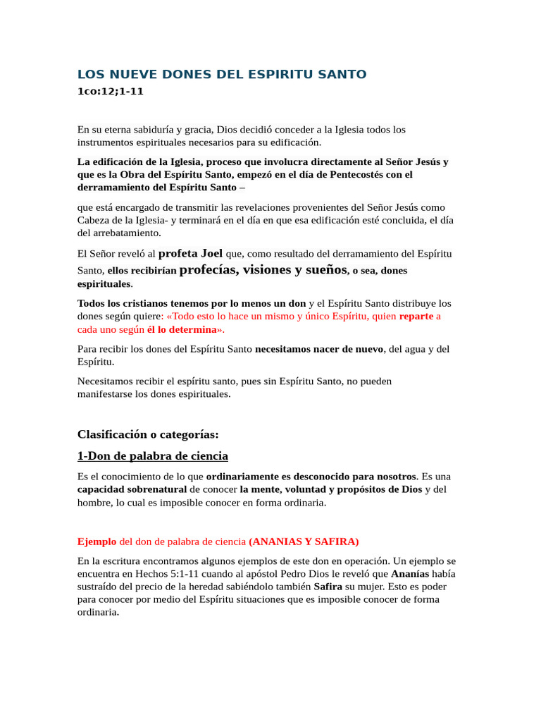 Nueve Dones del Espíritu Santo | PDF | Don espiritual | espíritu Santo