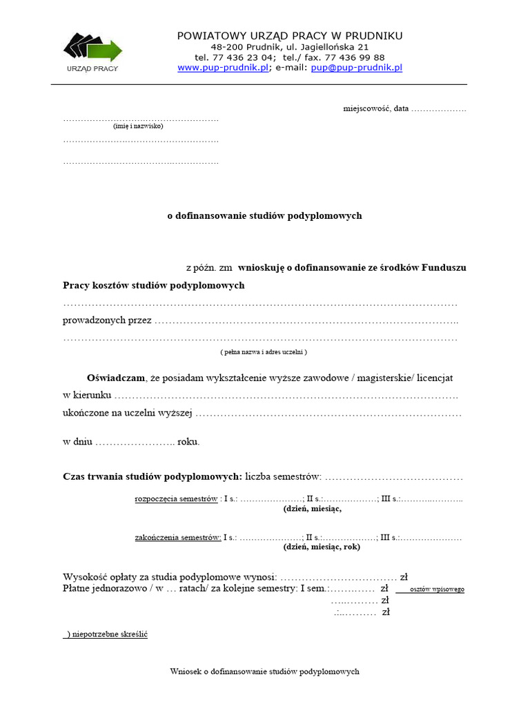 Wniosek o Sfinansowanie Kosztow Studiow Podyplomowych | PDF