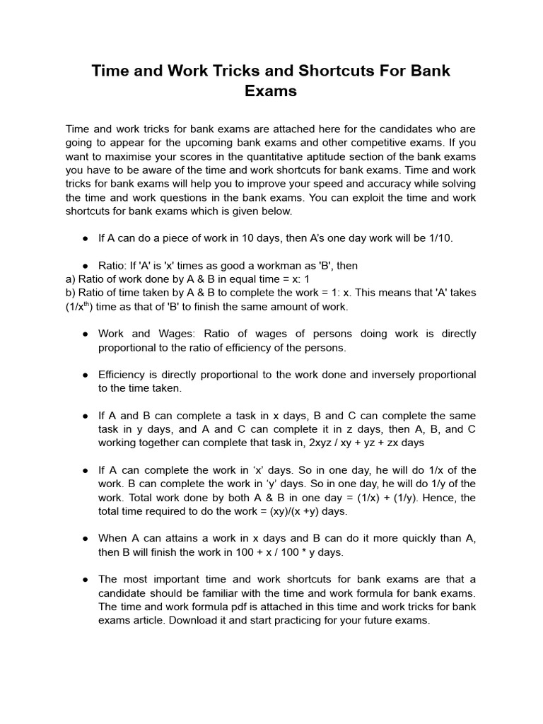 Time and Work Tricks and Shortcuts For Bank Exams | PDF