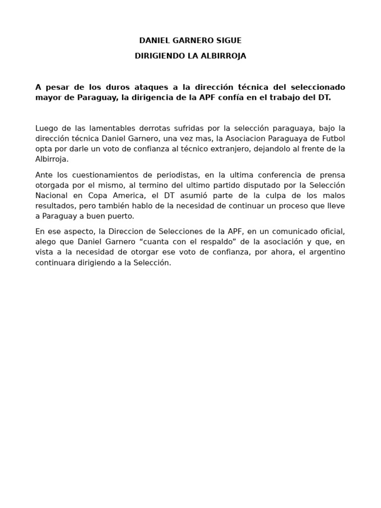 Garnero sigue al mando de la Albirroja | PDF