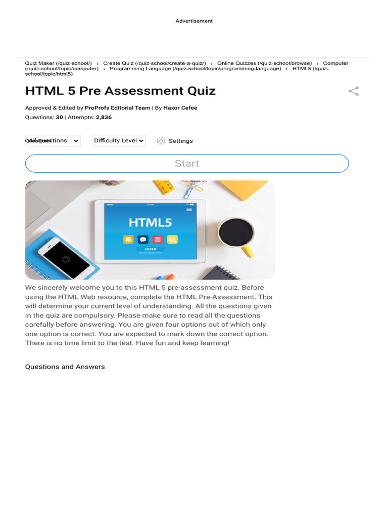 HTML 5 Pre Assessment Quiz - Attempts - 2836 - Trivia & Questions | PDF | Html Element | Html