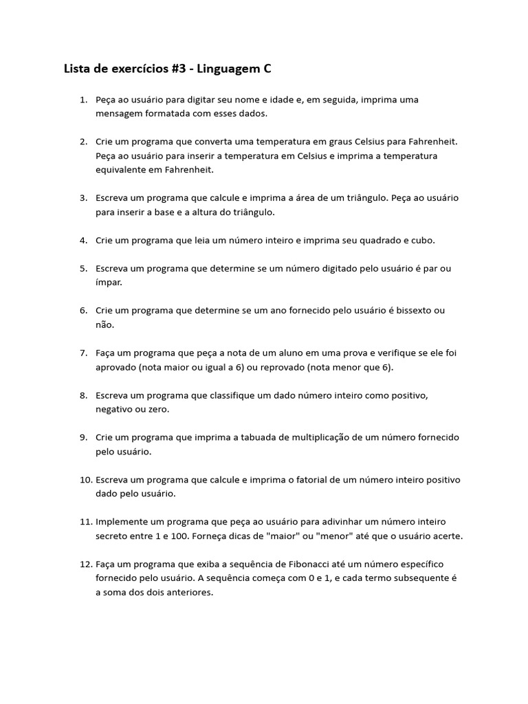Lista de Exercícios #3 - Linguagem C | PDF