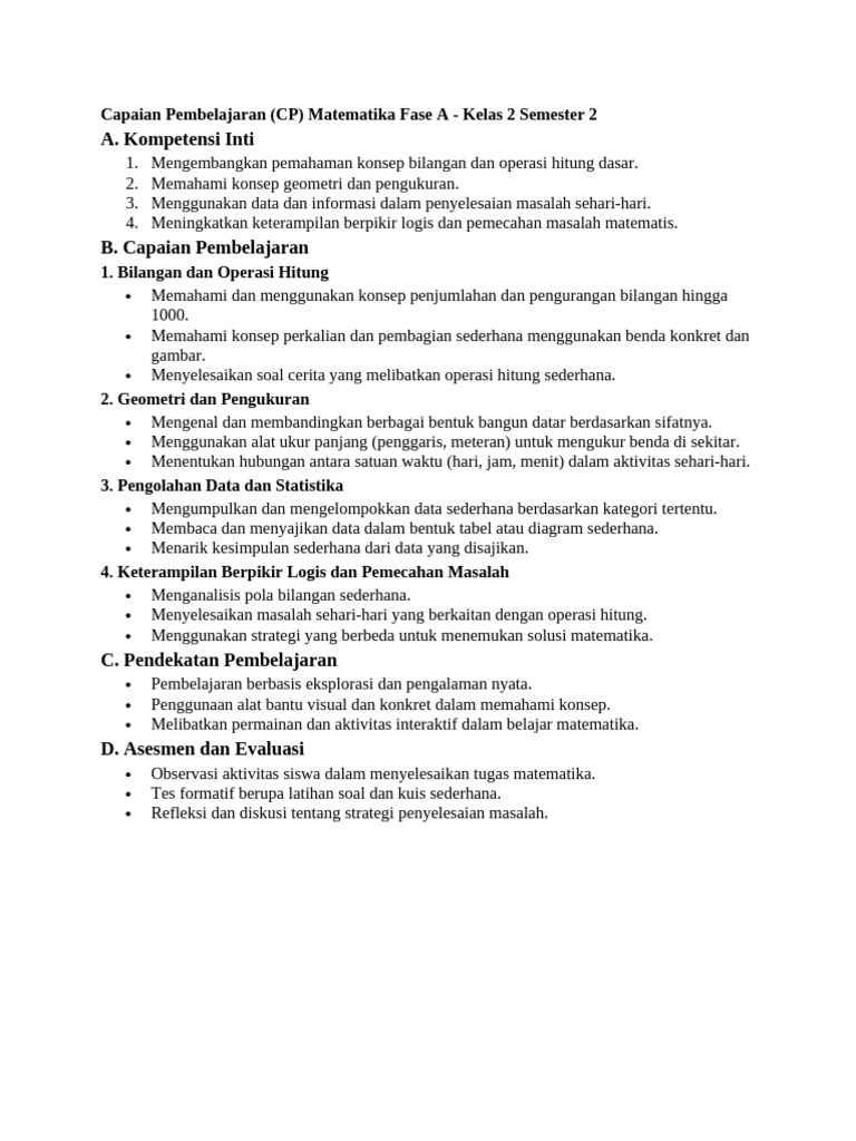 Capaian Pembelajaran (CP) MATEMATIKA Kelas 2 Semester 2 | PDF