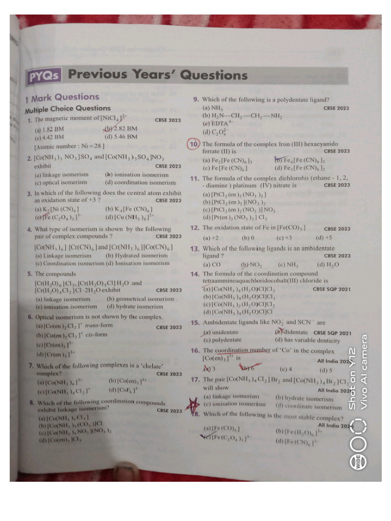 Co Ordination Compounds Class 12th PYQ | PDF