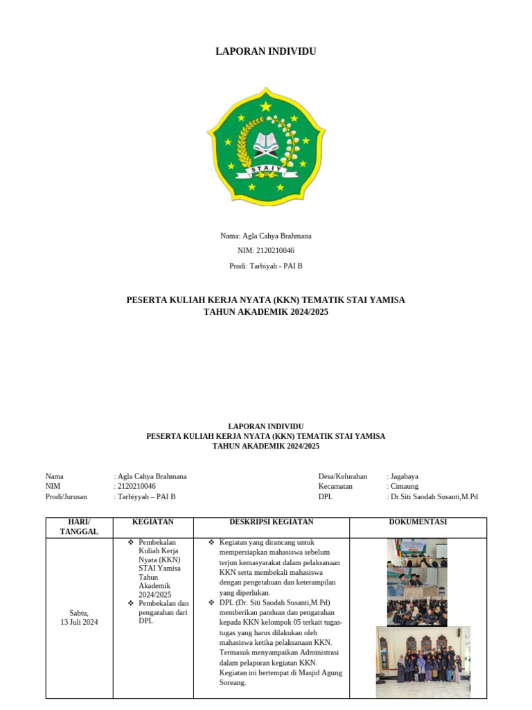 Laporan Individu KKN (Agla C Brahmana) 2120210046 Pai B | PDF