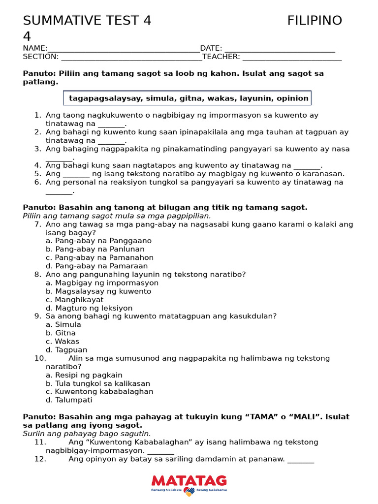 Filipino 4 Summative 04 | PDF