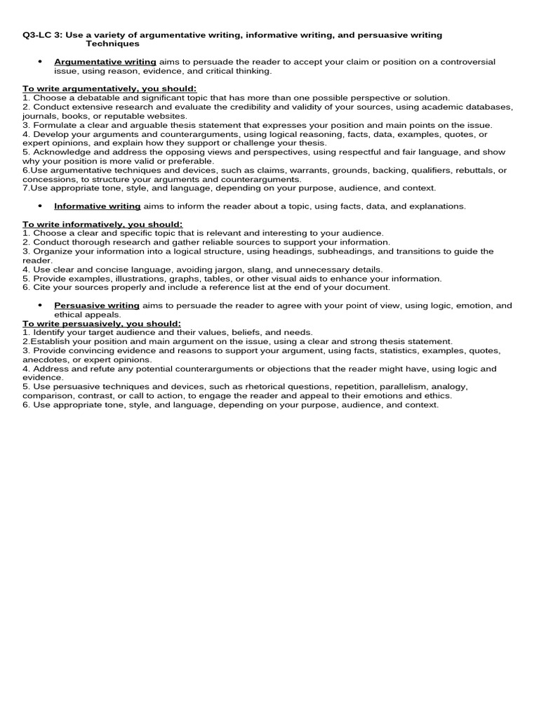 Writing Techniques: Argumentative, Informative, Persuasive | PDF ...