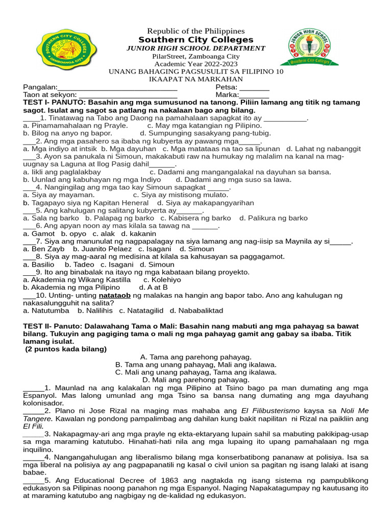1st Part Exam Fil 10 4th Grading | PDF