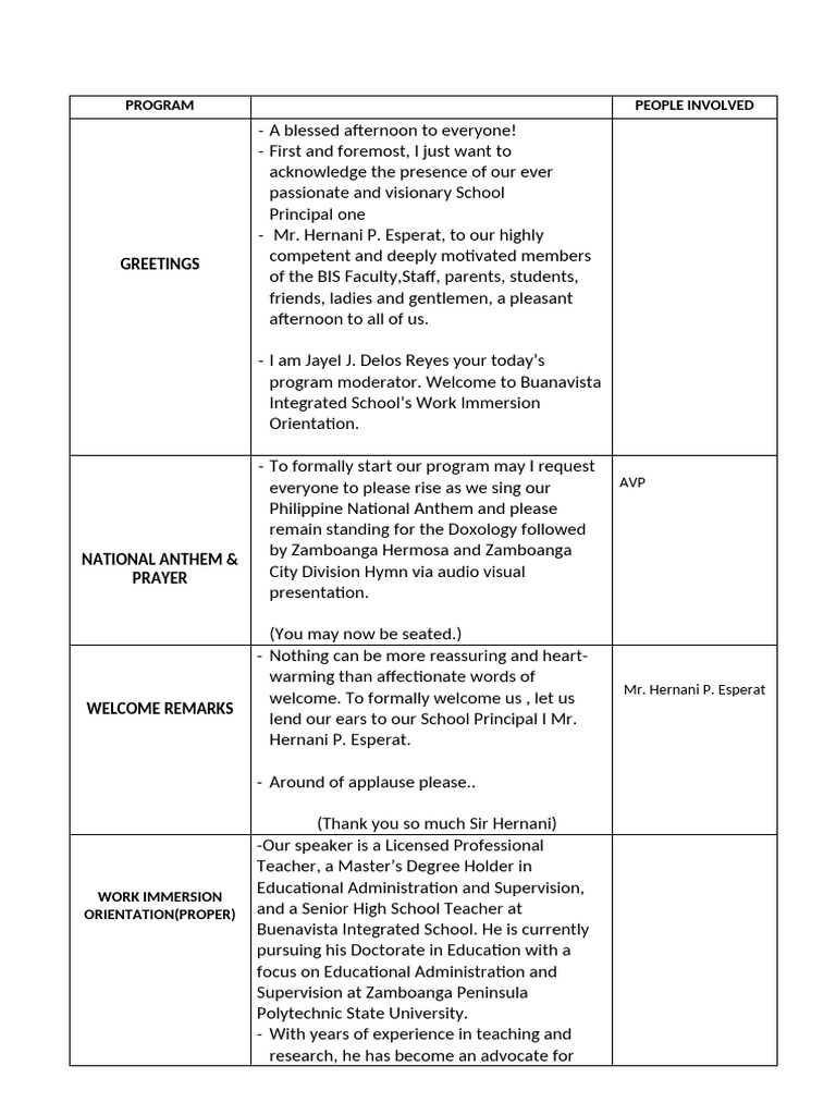 SCRIPT FOR Work Immersion Orientation 1 | PDF