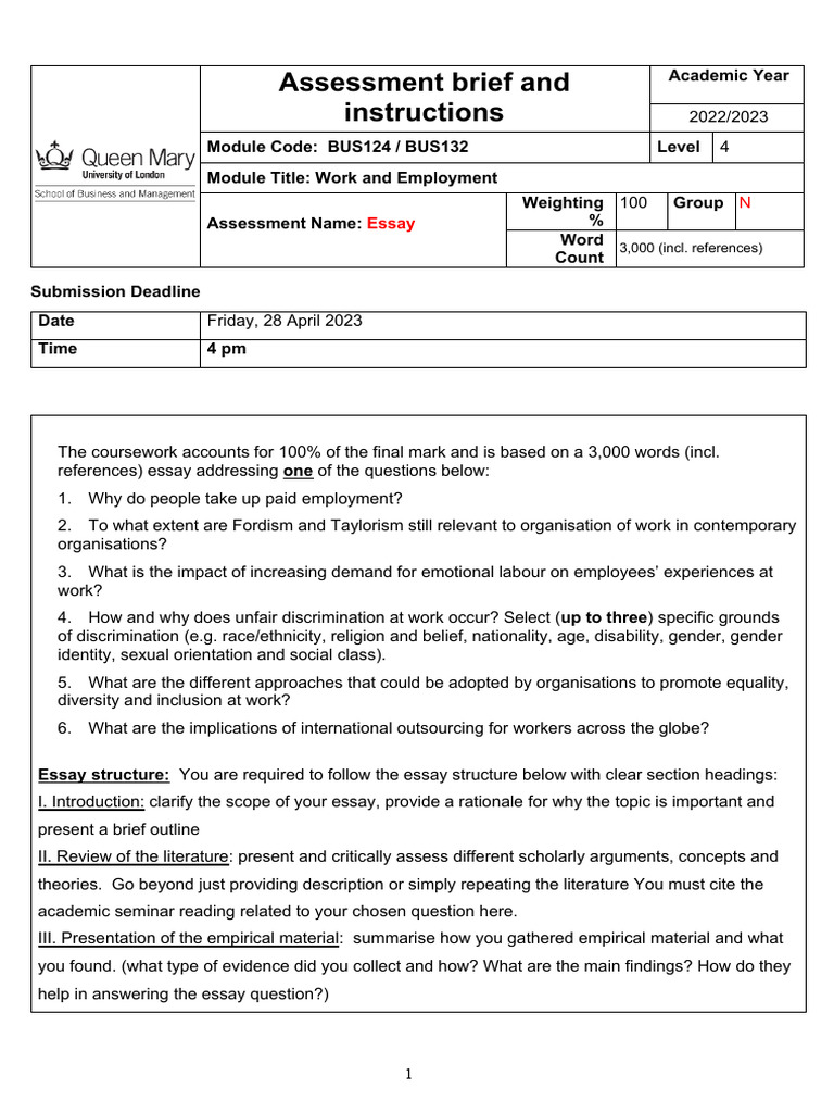 Coursework Brief and Instructions 2023 | PDF | Essays | Discrimination