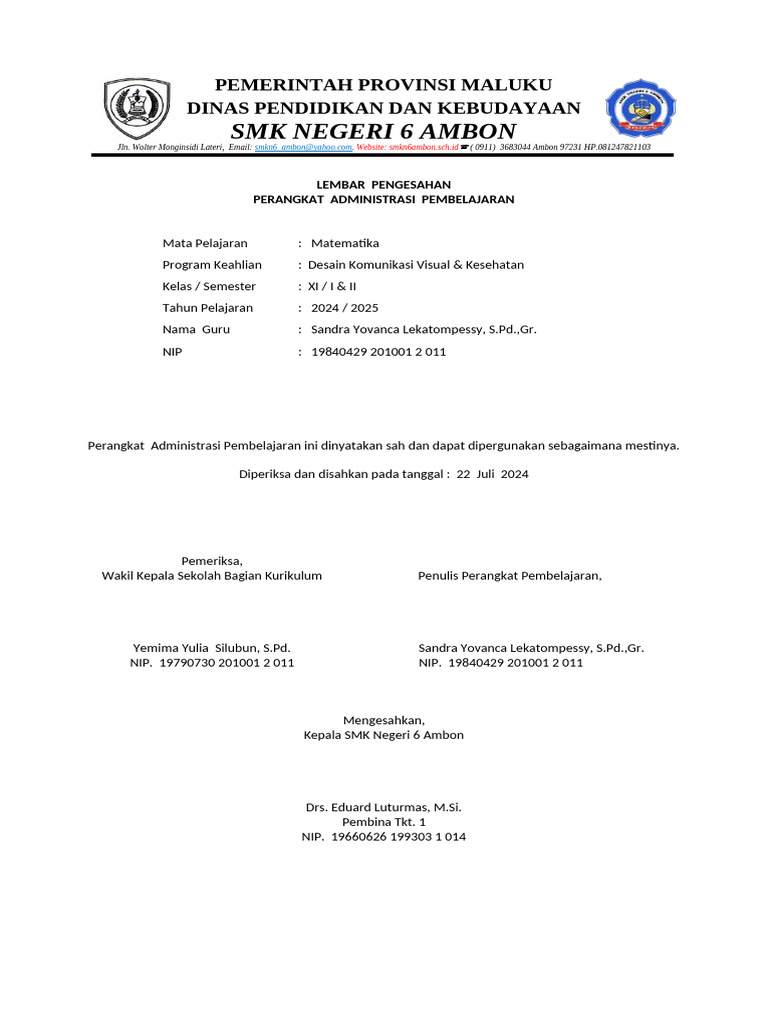 Lembar Pengesahan Perangkat Pembelajaran | PDF