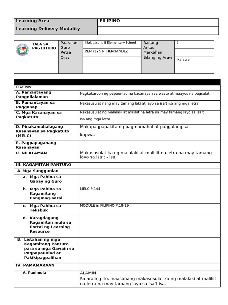 Learning Area Filipino Learning Delivery Modality: Paaralan Guro Petsa ...