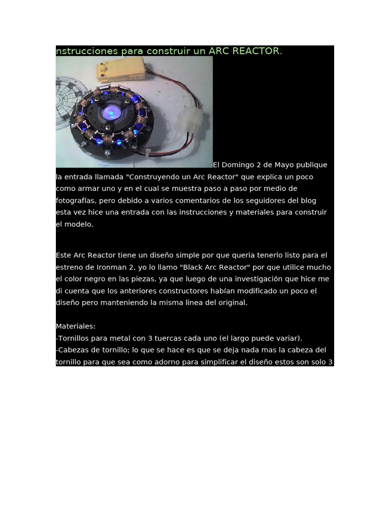 Instrucciones para Construir Un ARC REACTOR | PDF | Tornillo | Diodo emisor de luz