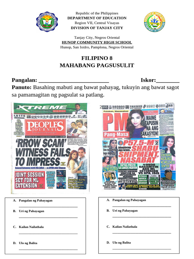 FILIPINO 8 MAHABANG PAGSUSULIT | PDF