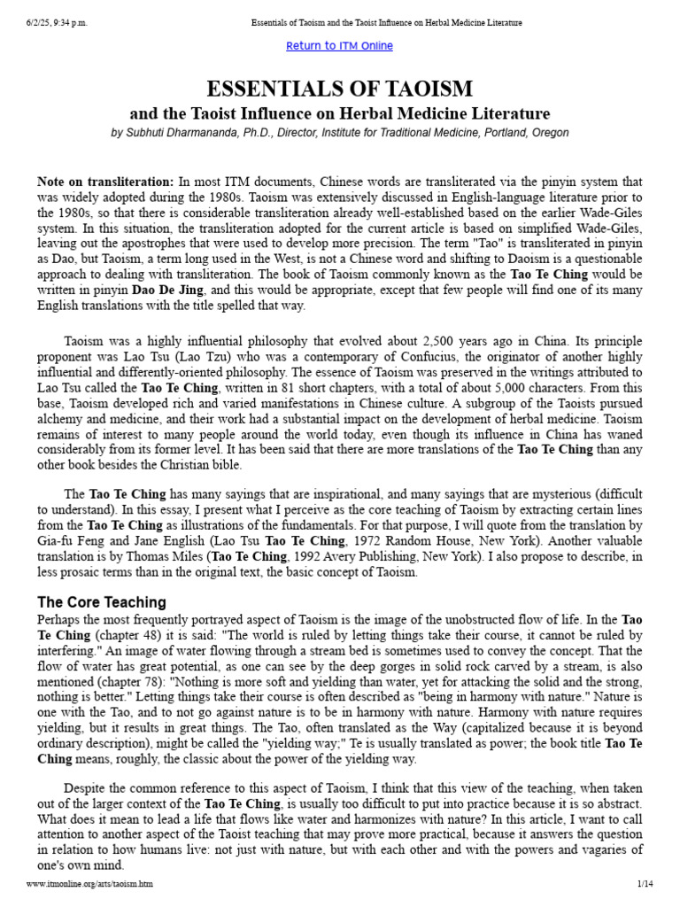 Essentials of Taoism and Herbal Medicine | PDF | Tao | Laozi