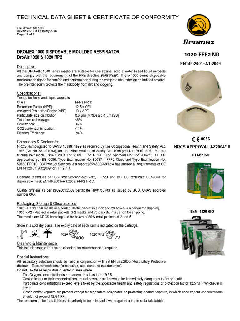 TDS DROMEX DroAir Face Mask 1020 FFP2 NR | PDF | Filtration | Workplace