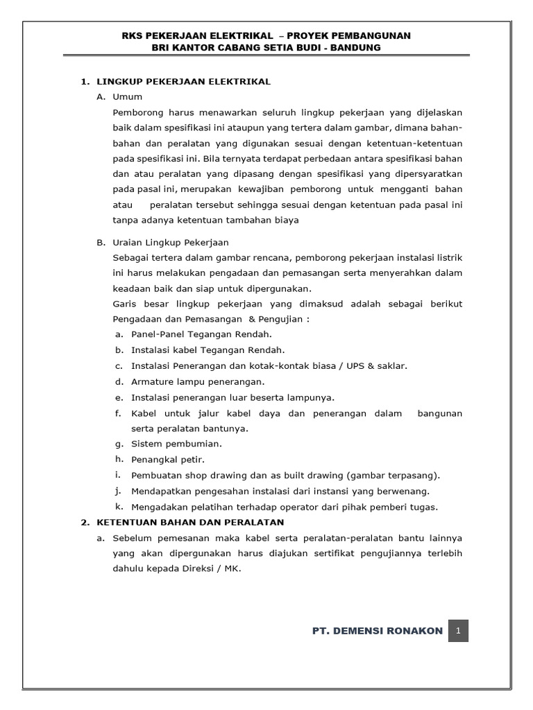 Spesifikasi Teknis Pekerjaan Elektrikal | PDF