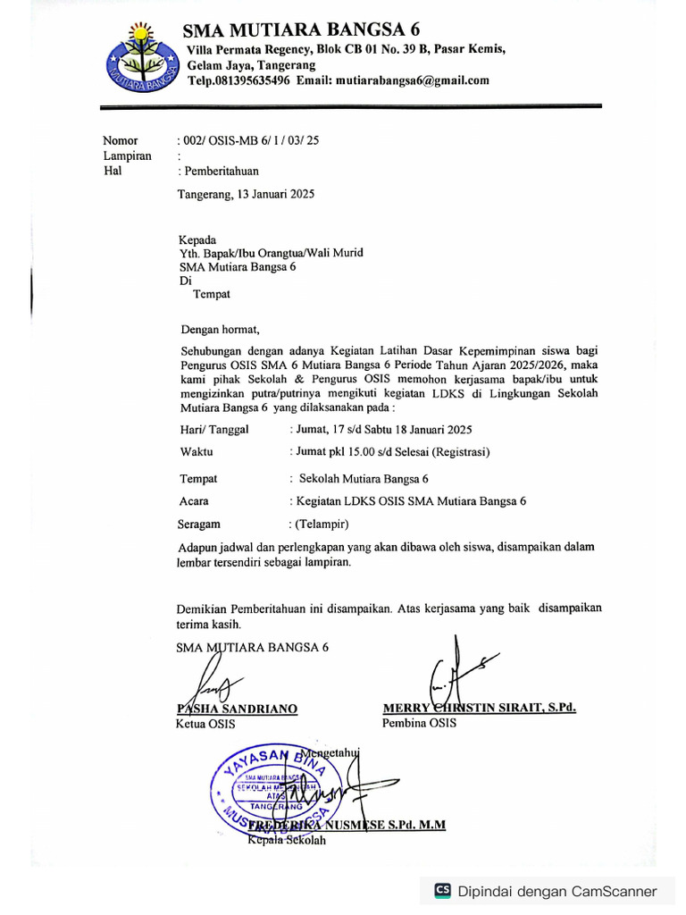 002 - Surat Pemberitahuan LDK OSIS - SMA Mutiara Bangsa 6 - Tahun 20252026 | PDF