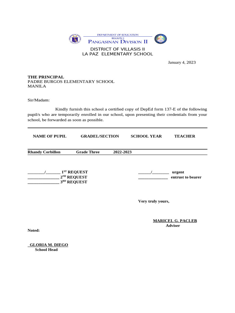 Request Letter Form 137 | PDF