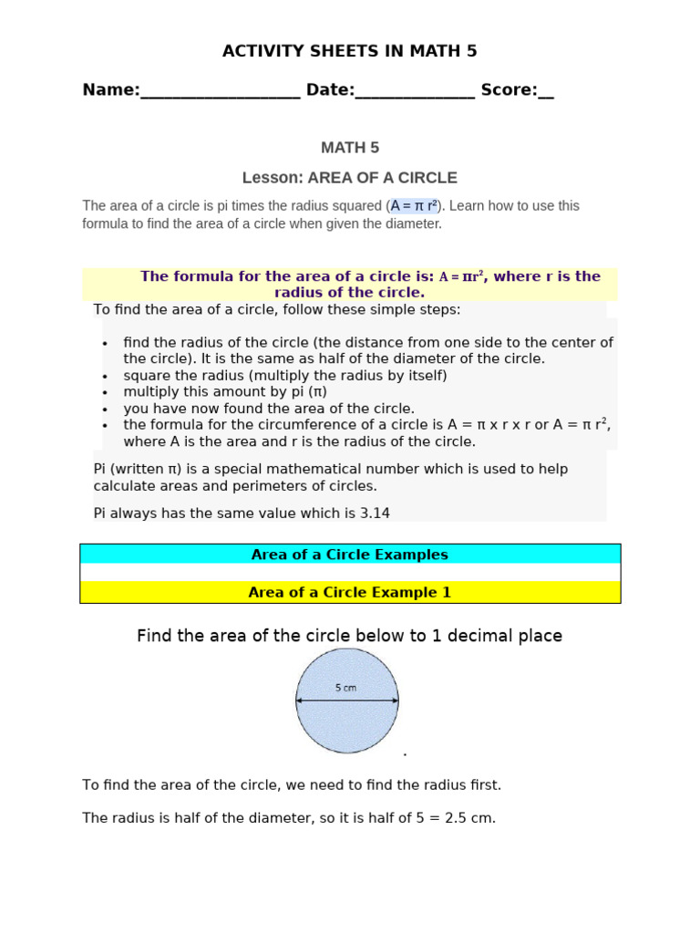 MATH 5 | PDF | Area | Pi
