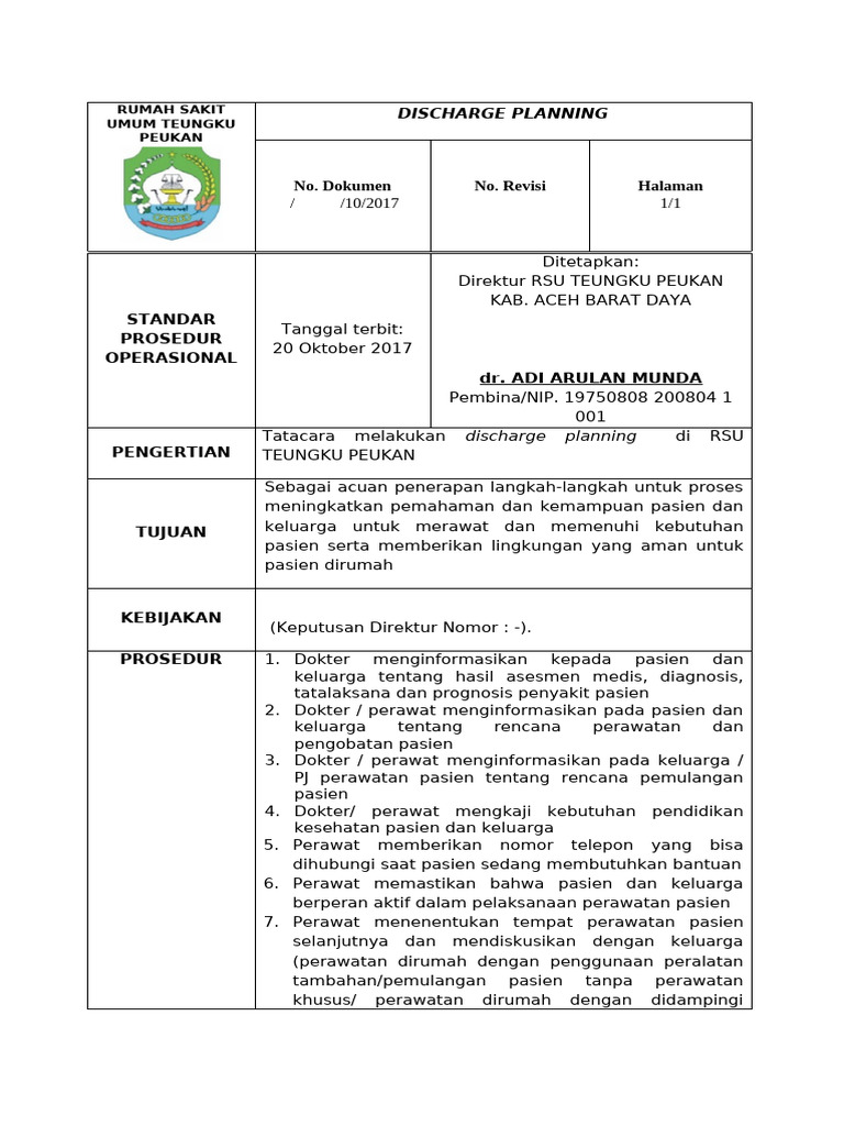 Sop Discharge Planning New | PDF